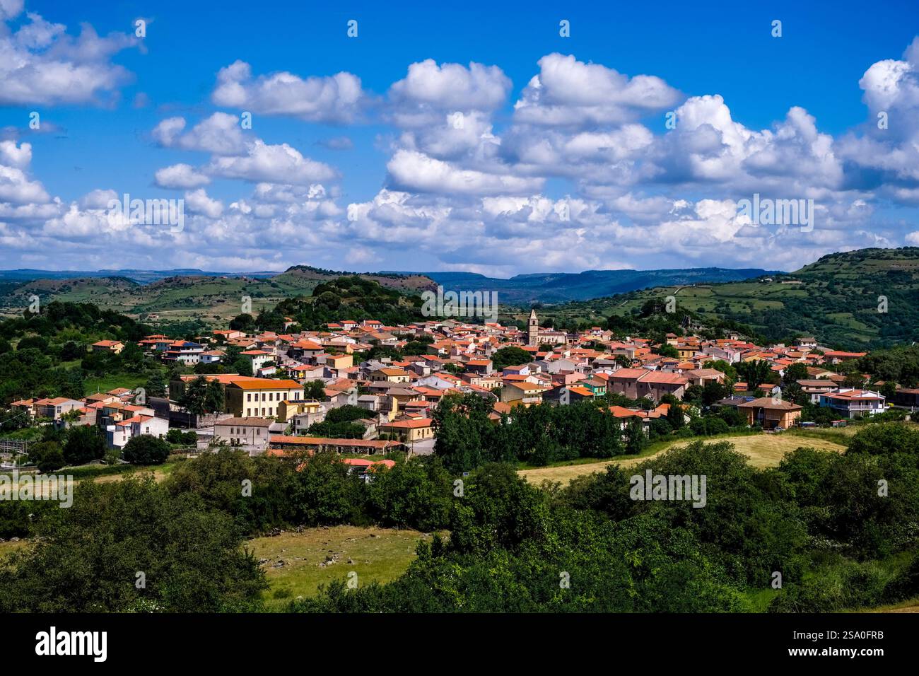 Aerial view of the small town of Padria, surrounded by agricultural ...
