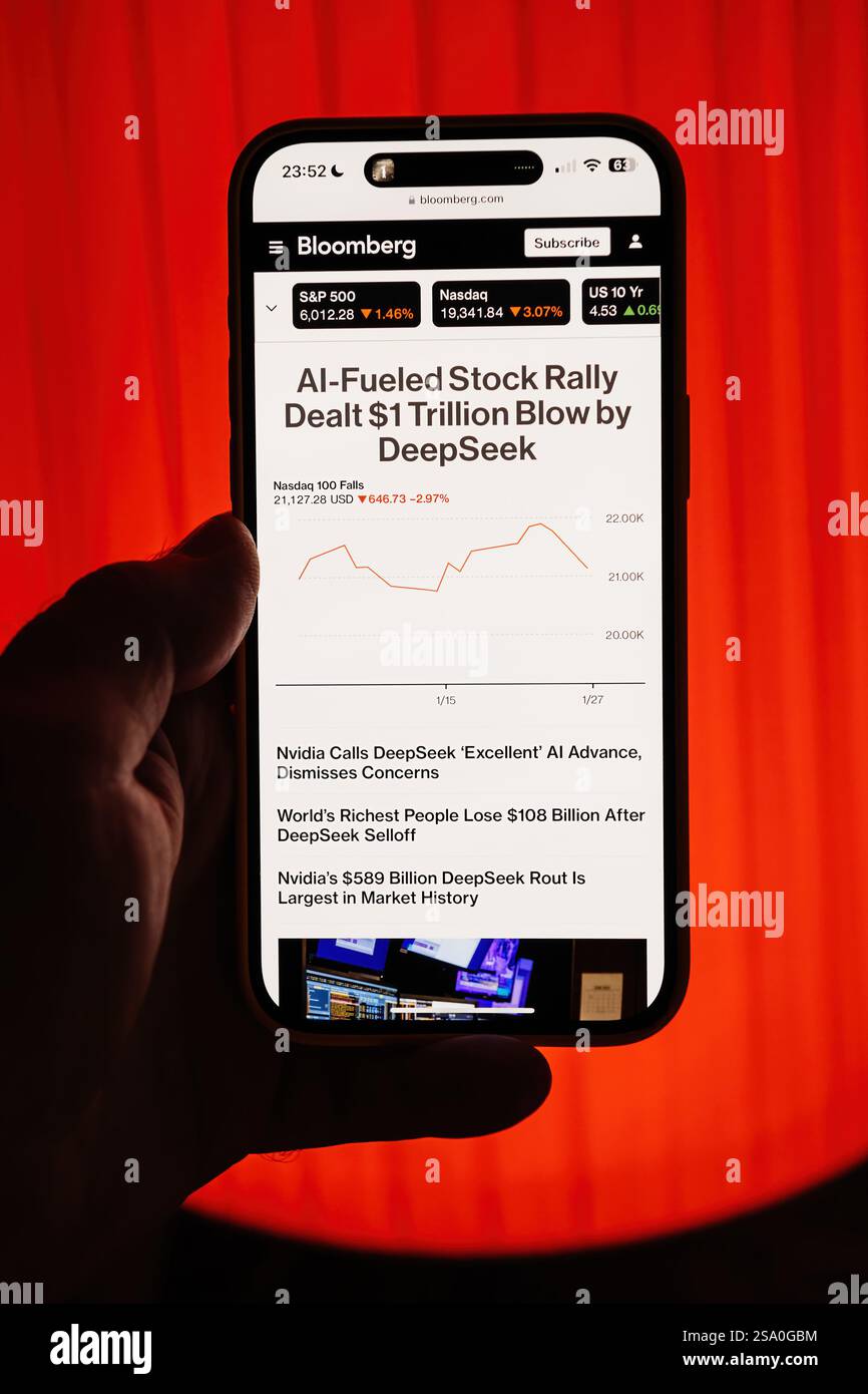 Paris, France - Jan 28, 2025: Smartphone screen displaying a Bloomberg ...