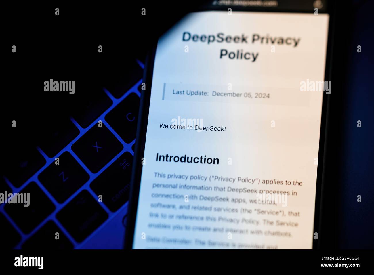 Paris, France - Jan 28, 2025: Smartphone screen showing the DeepSeek privacy policy with ...