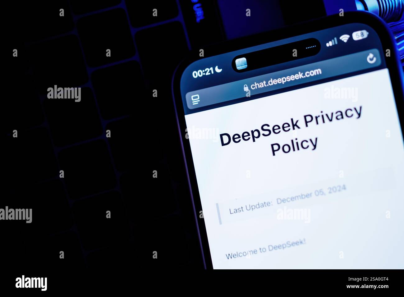 Paris, France - Jan 28, 2025: Angled view of a smartphone showing the DeepSeek privacy policy ...