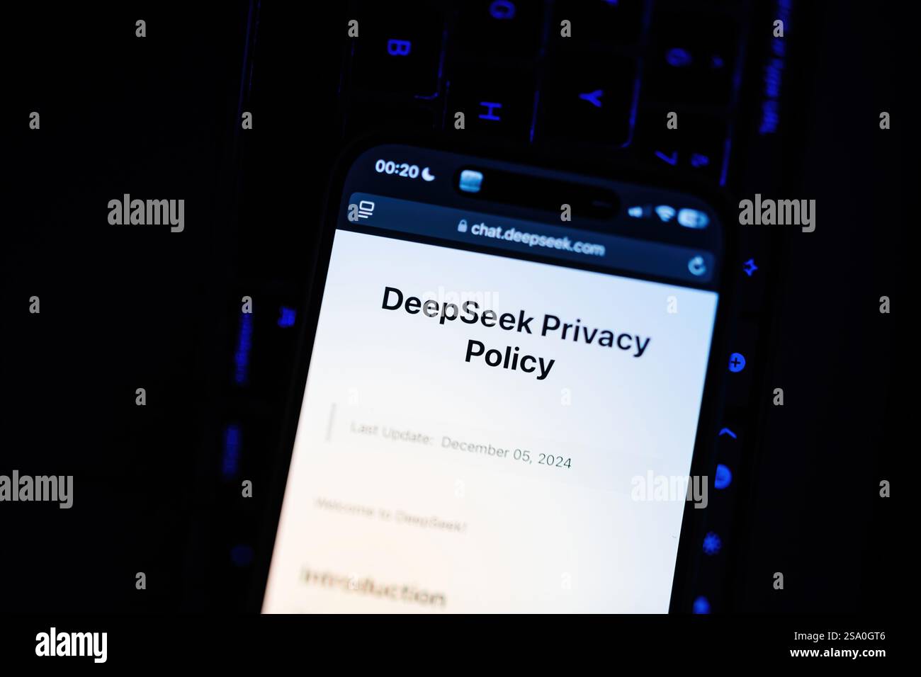 Paris, France - Jan 28, 2025: A smartphone screen showing the DeepSeek privacy policy page with ...