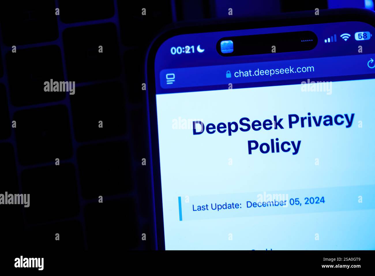 Paris, France - Jan 28, 2025: Close-up of a smartphone displaying the DeepSeek privacy policy ...
