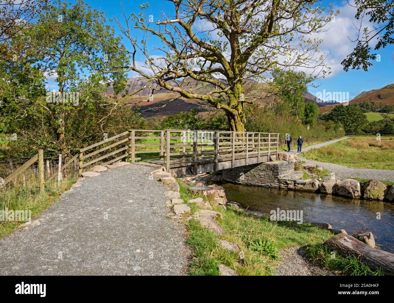 Walkers near Footbridge bridge path across Buttermere Dubs near ...