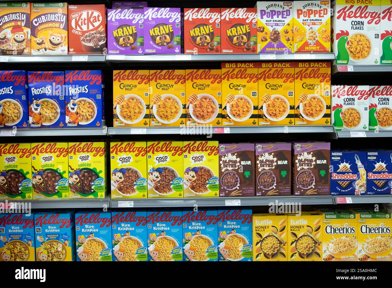 Rows of boxes cartons of breakfast cereal cereals on shelves at ...