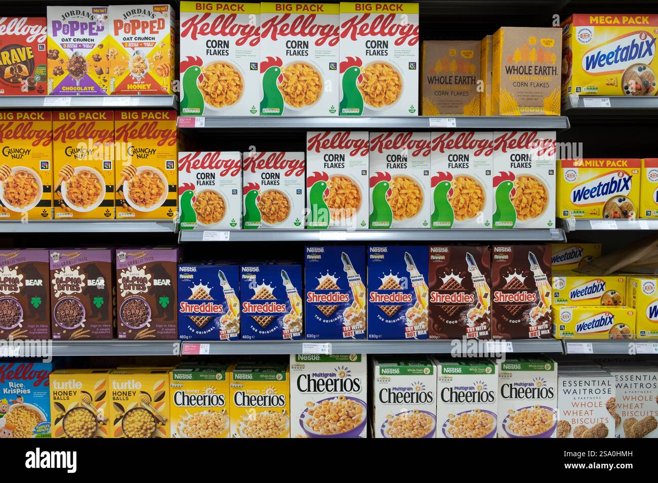 Rows of boxes cartons of breakfast cereal cereals on shelves at ...