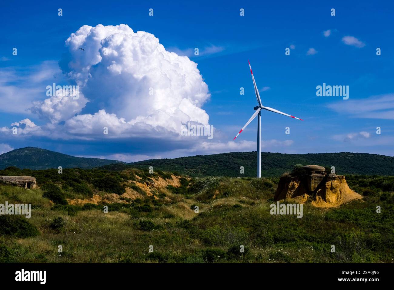 A wind turbine in a overgrown hilly landscape with ruins of bunkers ...