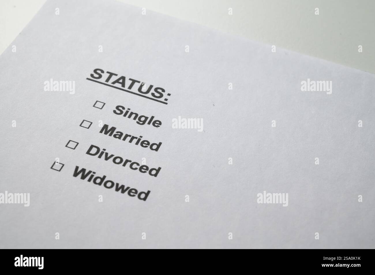 White sheet with the text Status and focus on the word Divorced ...