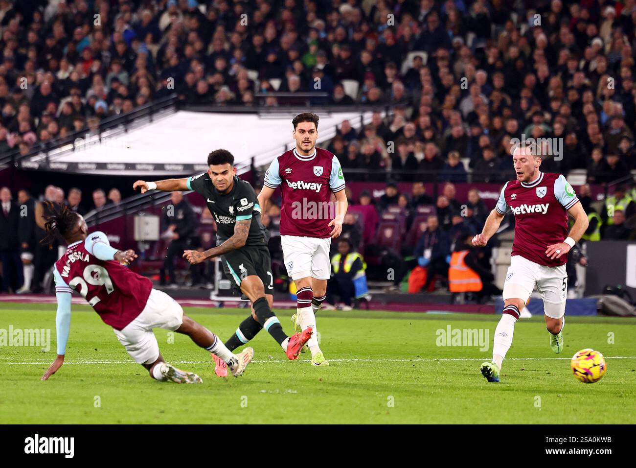 Luis Diaz of Liverpool scores for 0-1 - West Ham United v Liverpool, Premier League, London ...