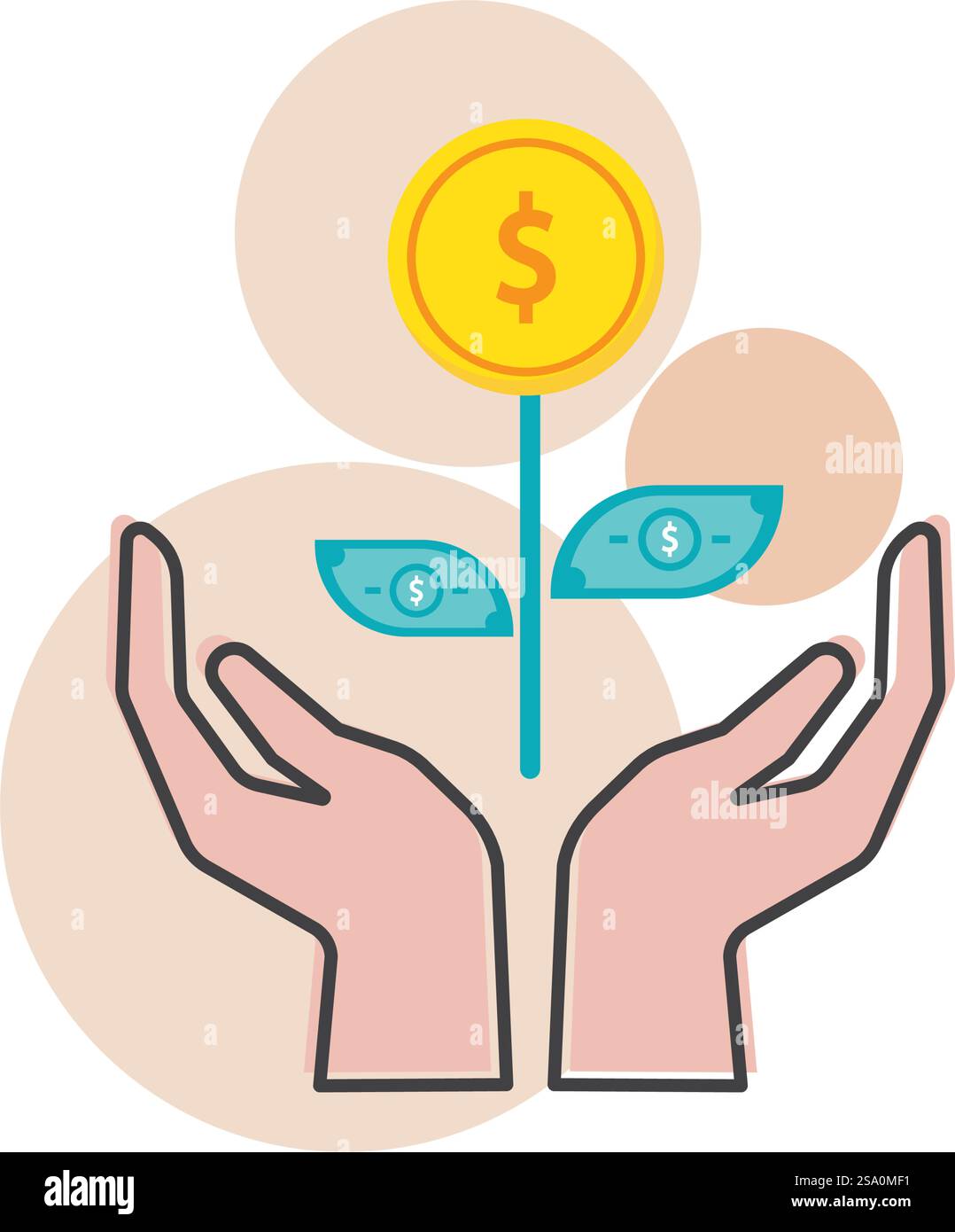 Plant growing from coin with dollar sign, leaves shaped like money ...