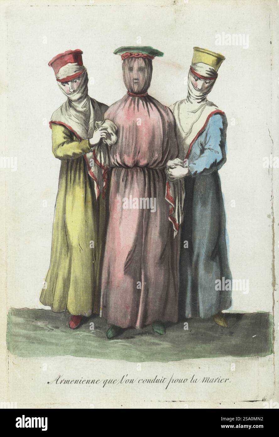 Armenian bride wrapped in a full-body veil, supported by two female ...