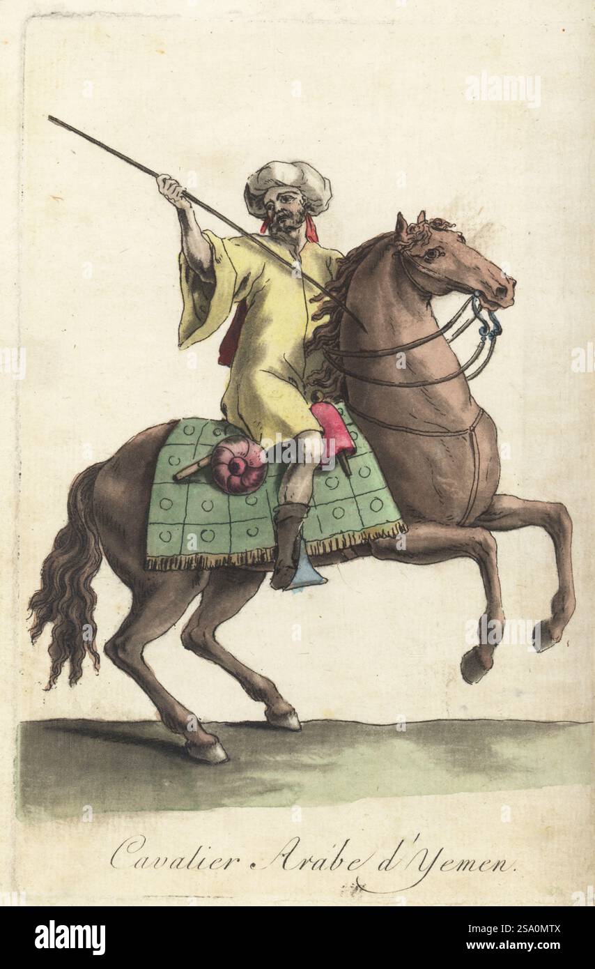 Bedouin or Maqil Arab man on horseback, Yemen. He wears a turban, short ...