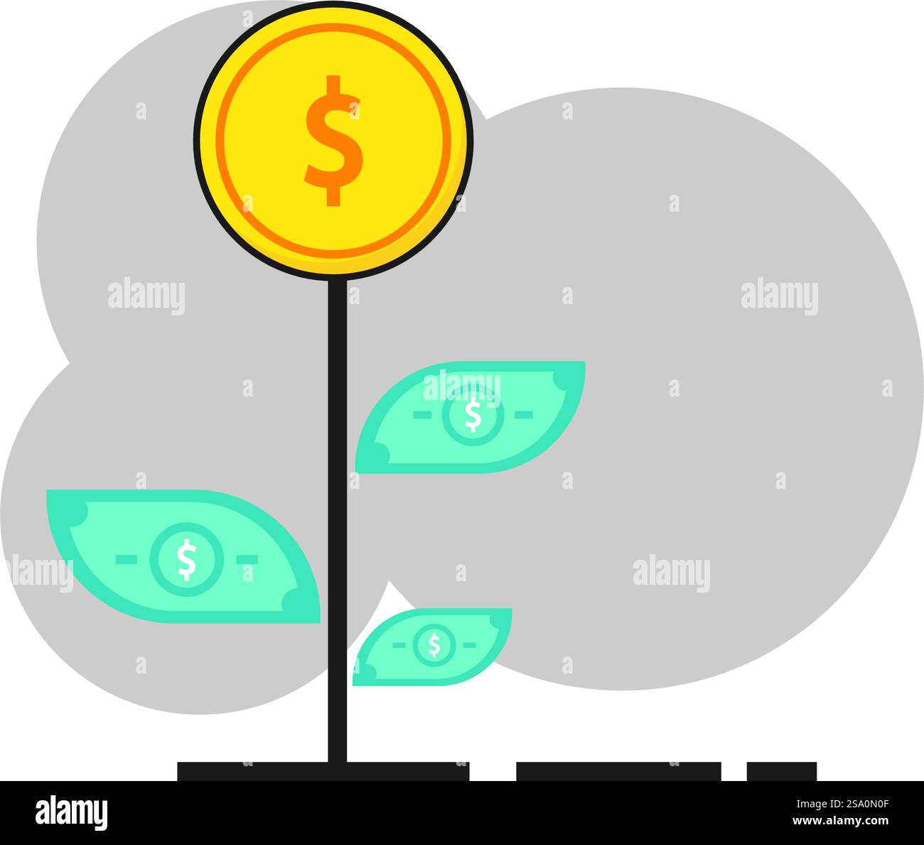 Plant growing from coin with dollar sign, leaves shaped like money ...