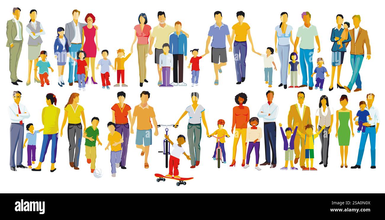 large group of parents and children illustration Stock Photo - Alamy