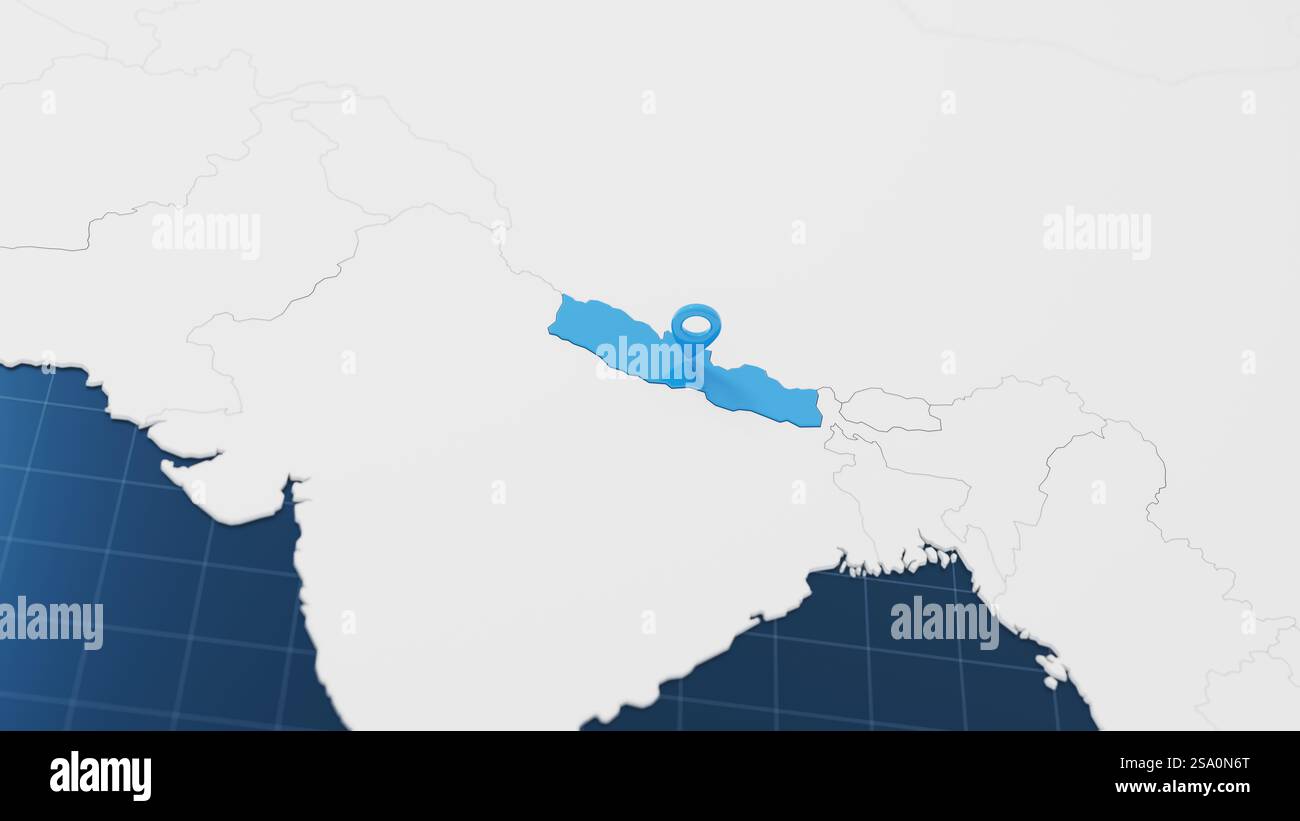 Blue Nepal 3d map with pointer pin surrounded with other countries in ...