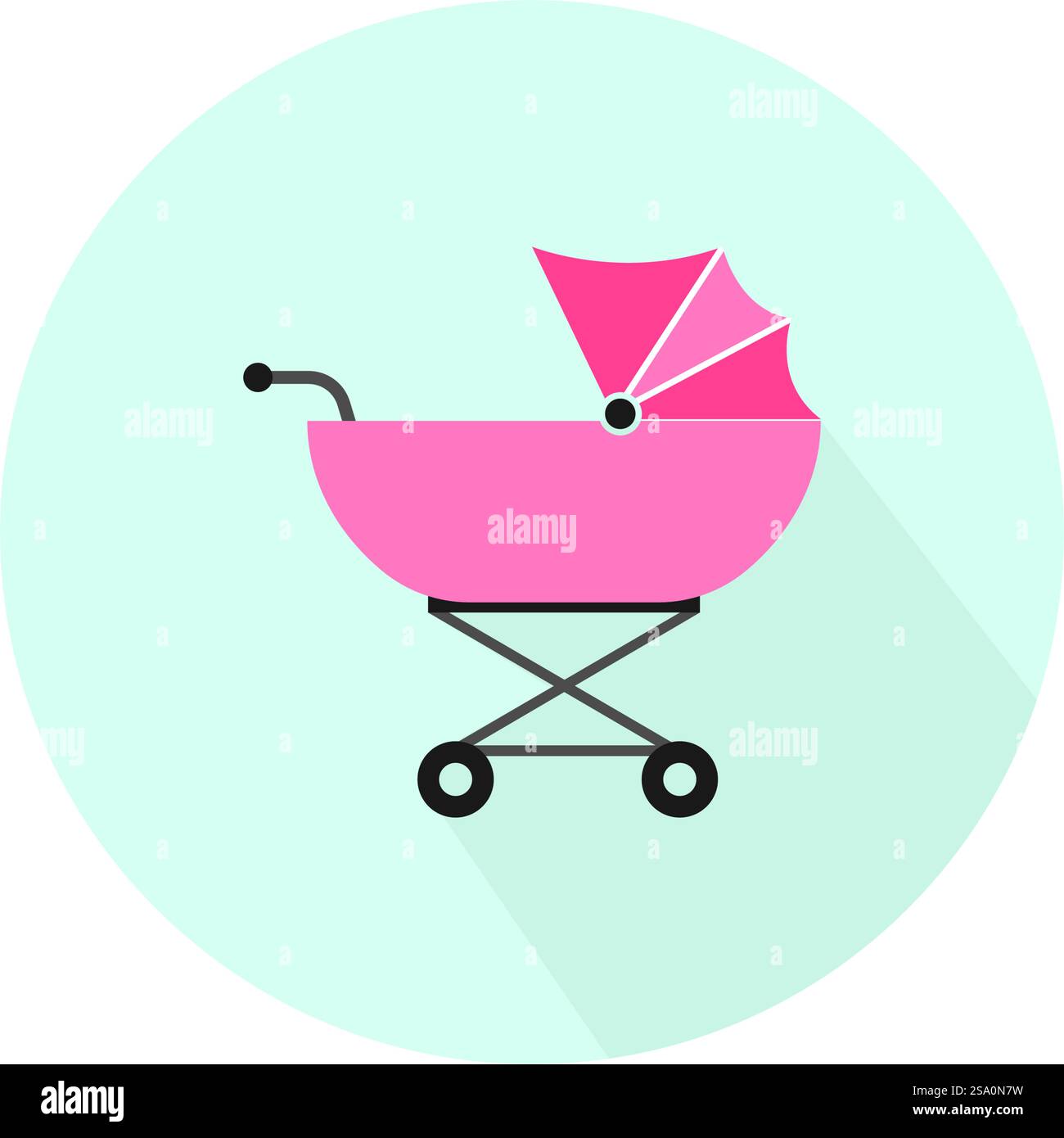 Pink baby stroller with canopy, blue circle, white background Stock ...