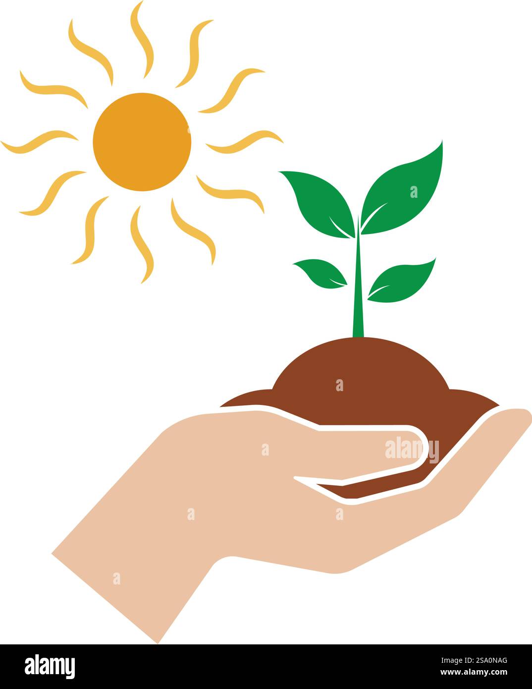 Hand holding small plant and soil with sun shining. Ideal for ...