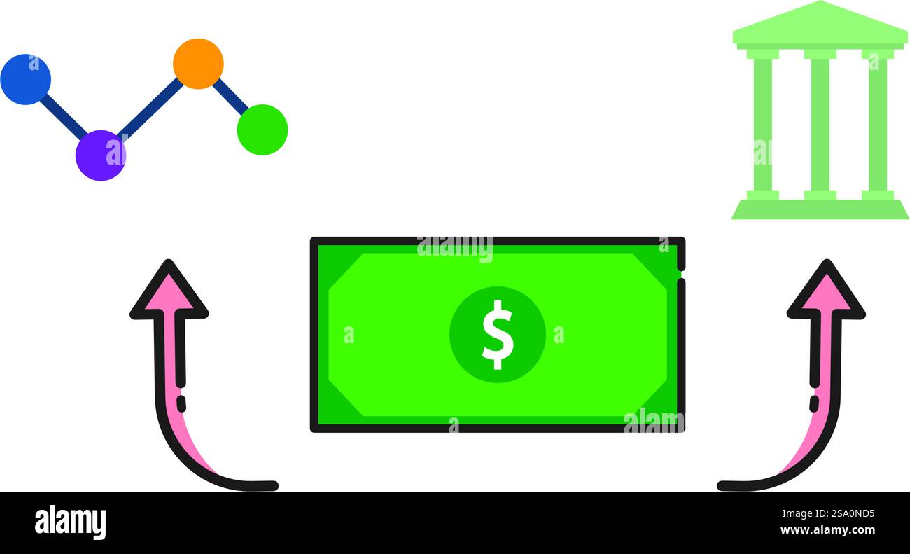 Financial growth represented with line graph, bank building, dollar ...