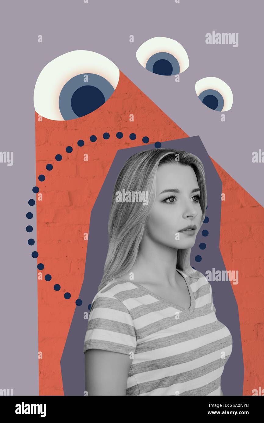 Vertical sketch 3d artwork collage poster of serious blonde girl stand ...