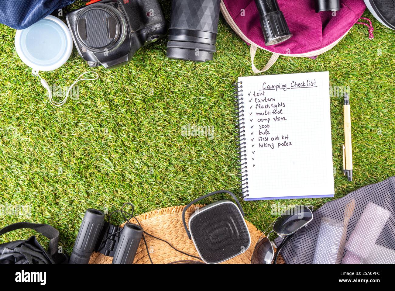 Camping checklist with various camp equipment. List of things for ...