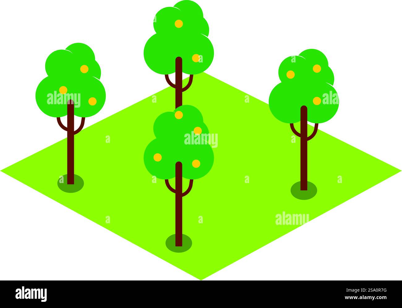 Four fruit trees on grass forming a square; suitable for nature ...