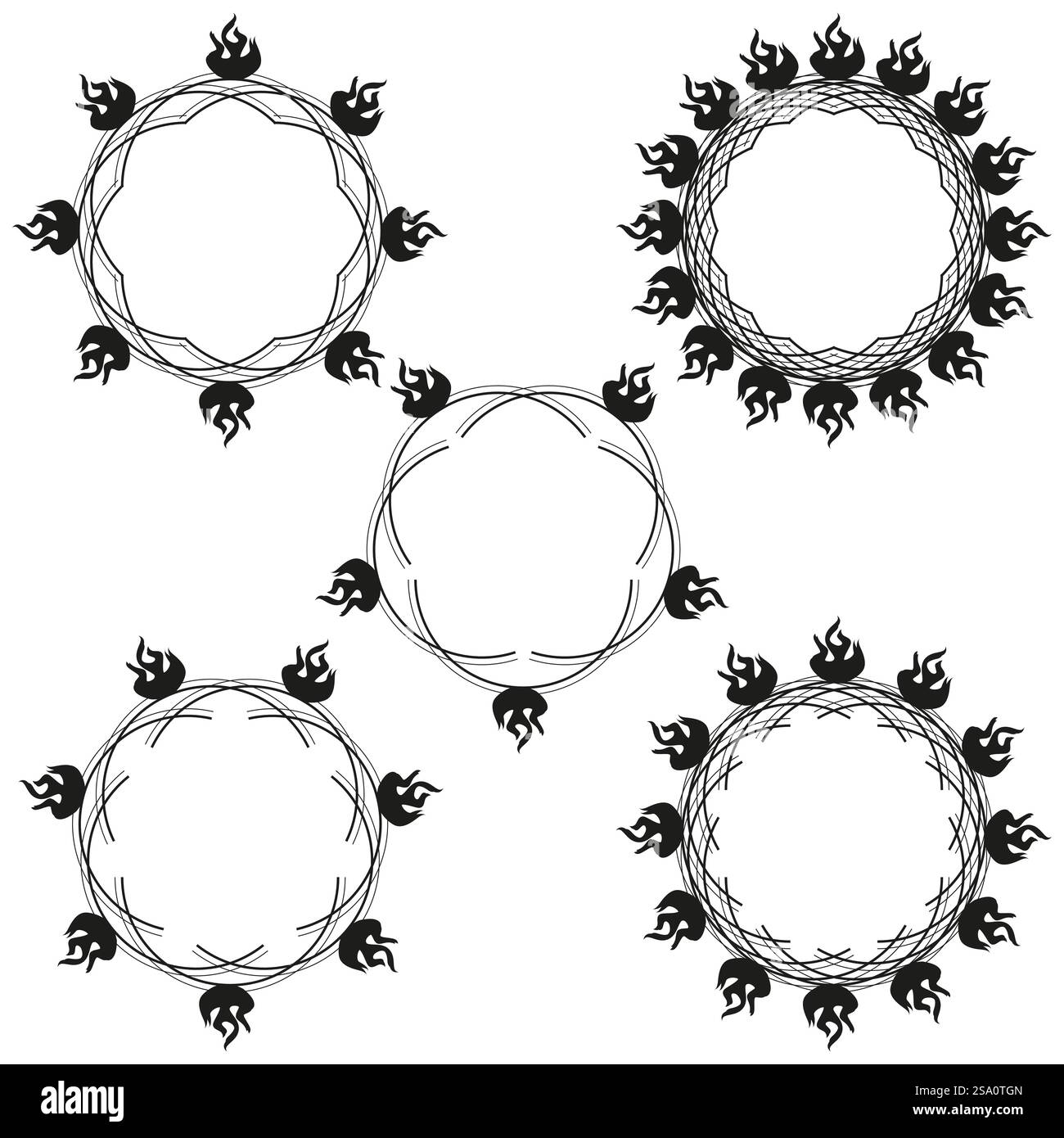 Flaming frame circles. Fiery ring motif. Black white contrast. Vector ...