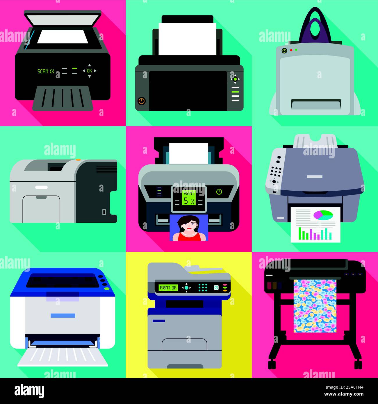 Commercial printer icon set. Flat set of 9 commercial printer vector ...