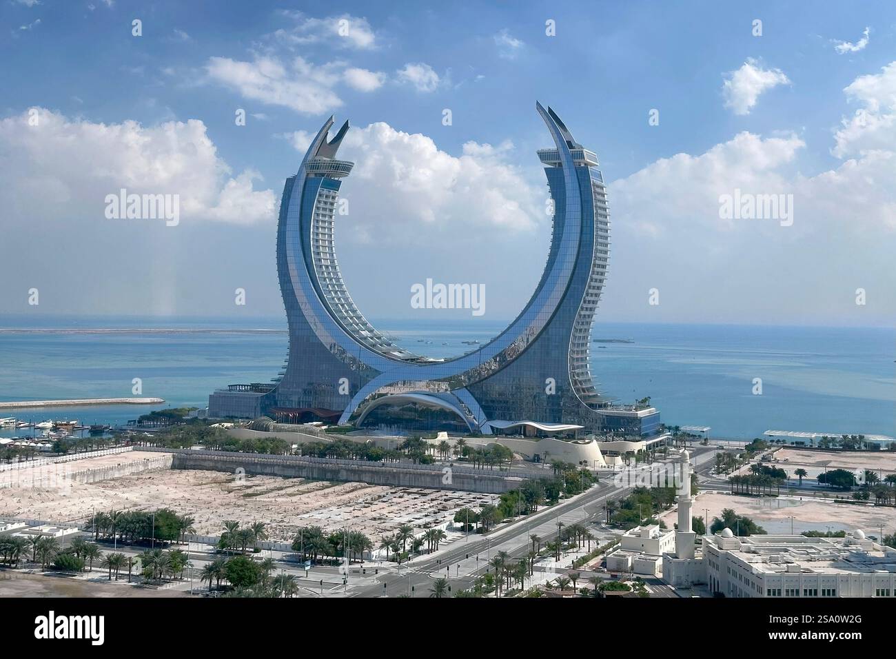 Panoramic view of the two luxury hotels Raffles Doha and Fairmont Doha ...