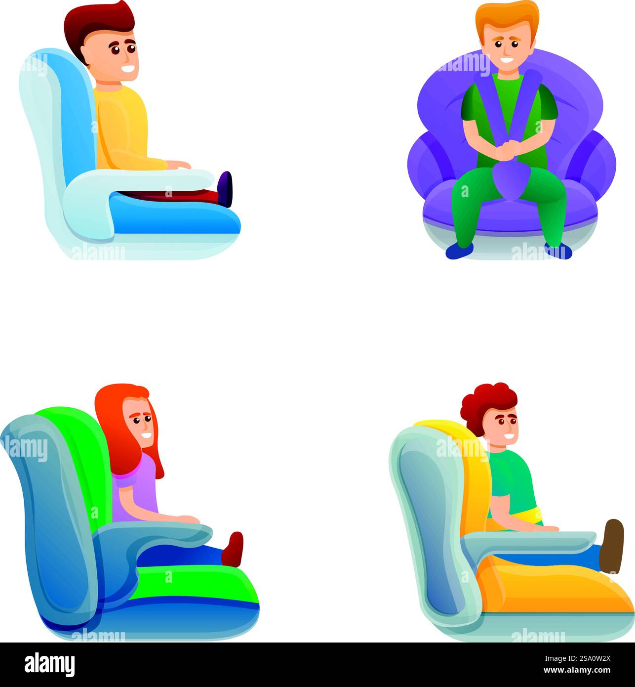 Safety seat icons set cartoon vector. Different type of child restraint ...