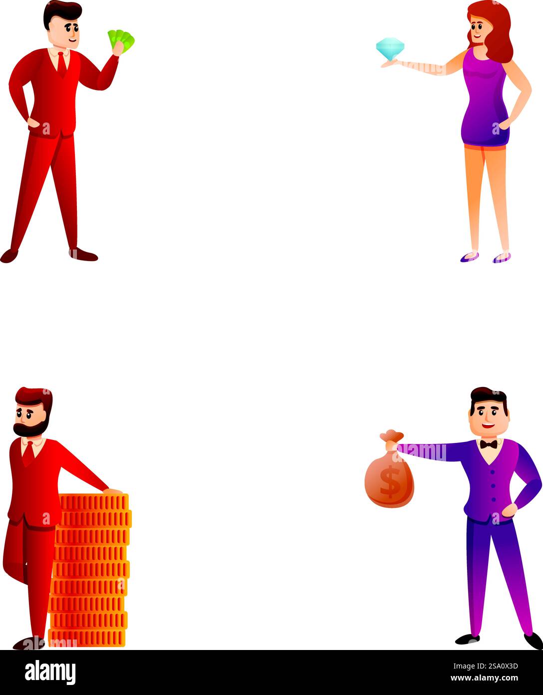 Rich people icons set cartoon vector. Human with diamond and full money ...