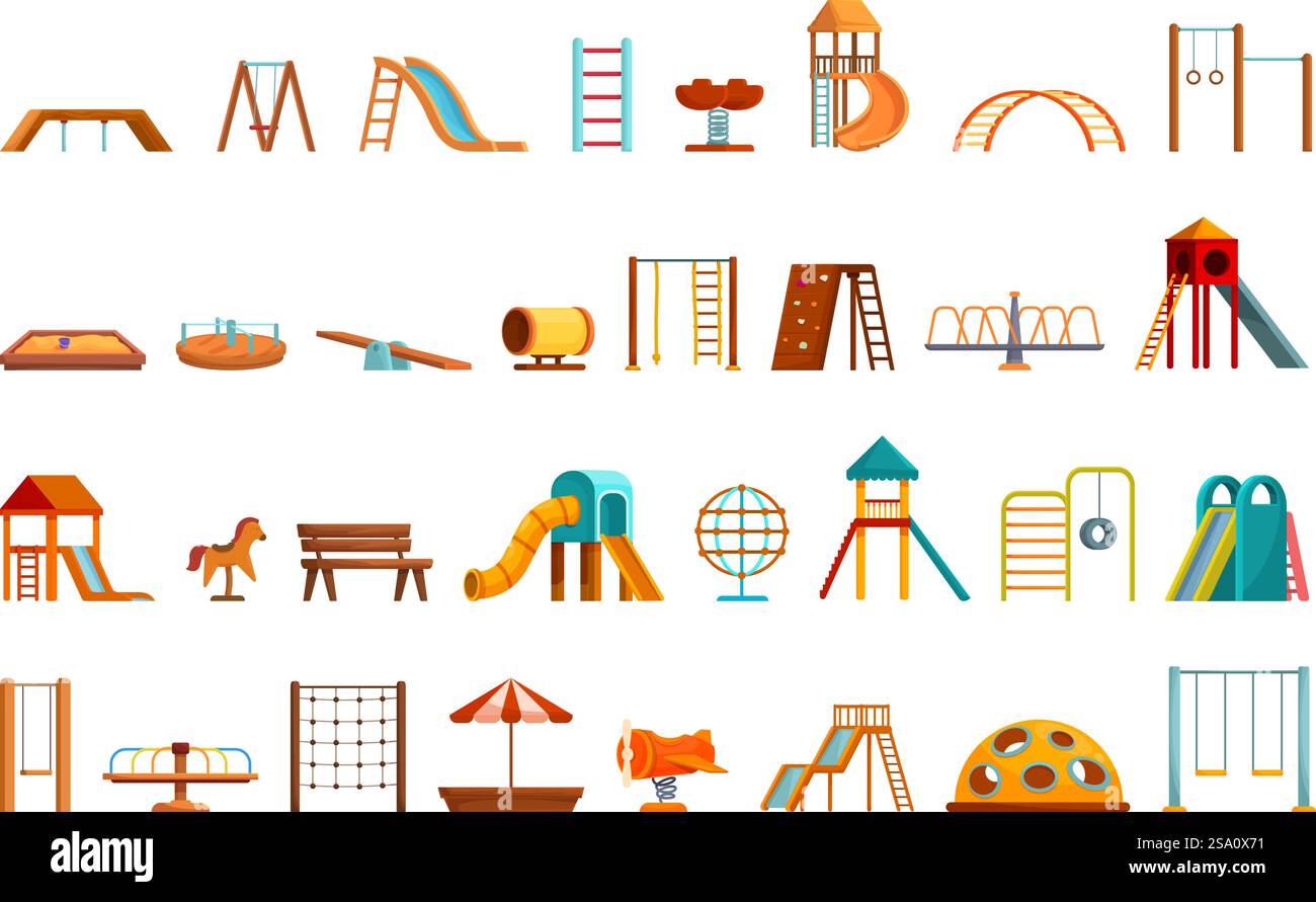 Kindergarten outdoor recreation area icons set cartoon vector. Urban ...