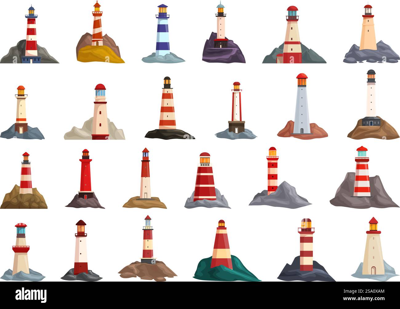 Beacon tower on cliff icons set cartoon vector. Rock coast. Sea light ...