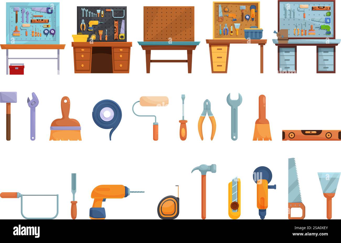 Garage tools board icons set cartoon vector. Interior workshop. Wooden ...