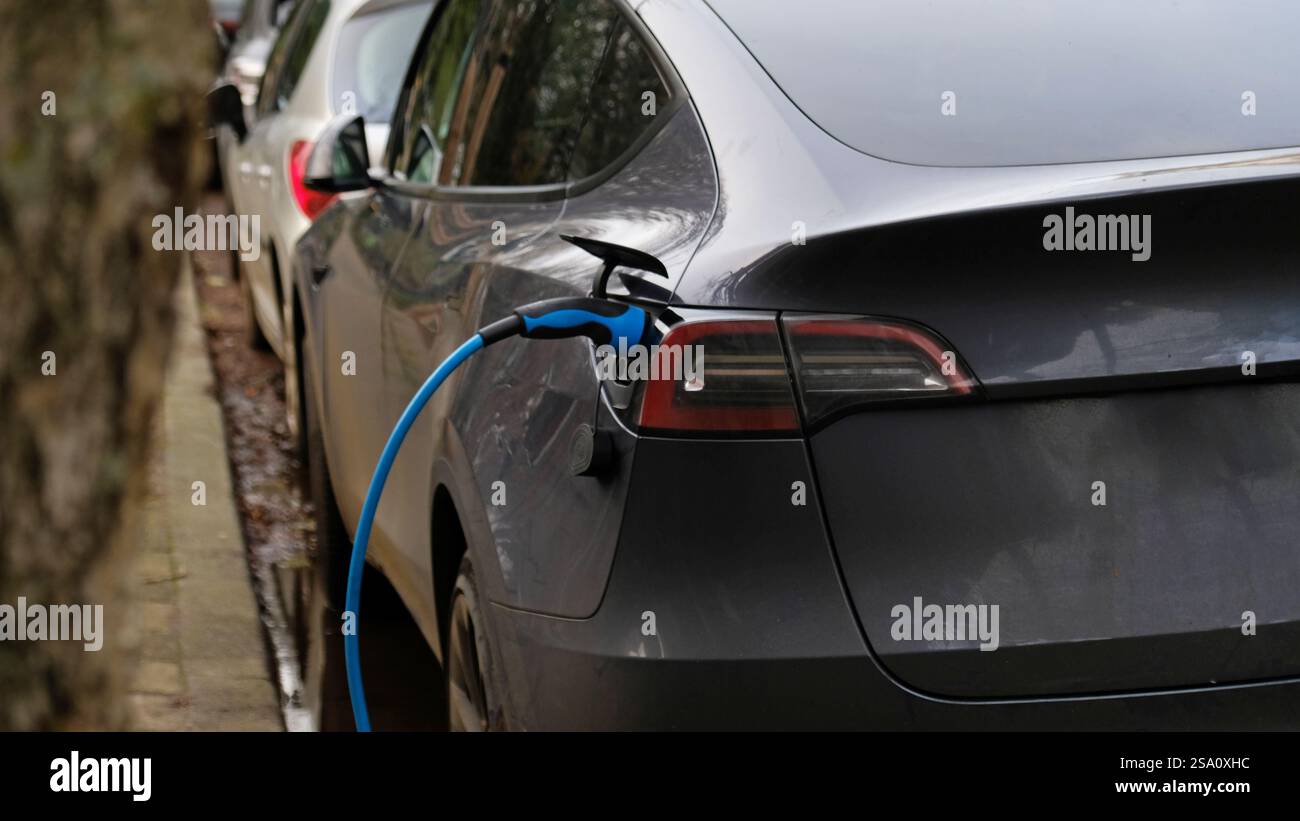 Close-up of electric car charging port with plugged-in blue charging ...