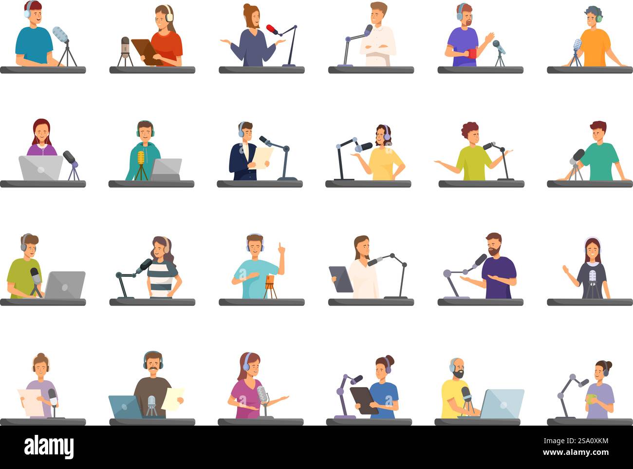 Blogger interview icons set cartoon vector. Network live. Interview ...