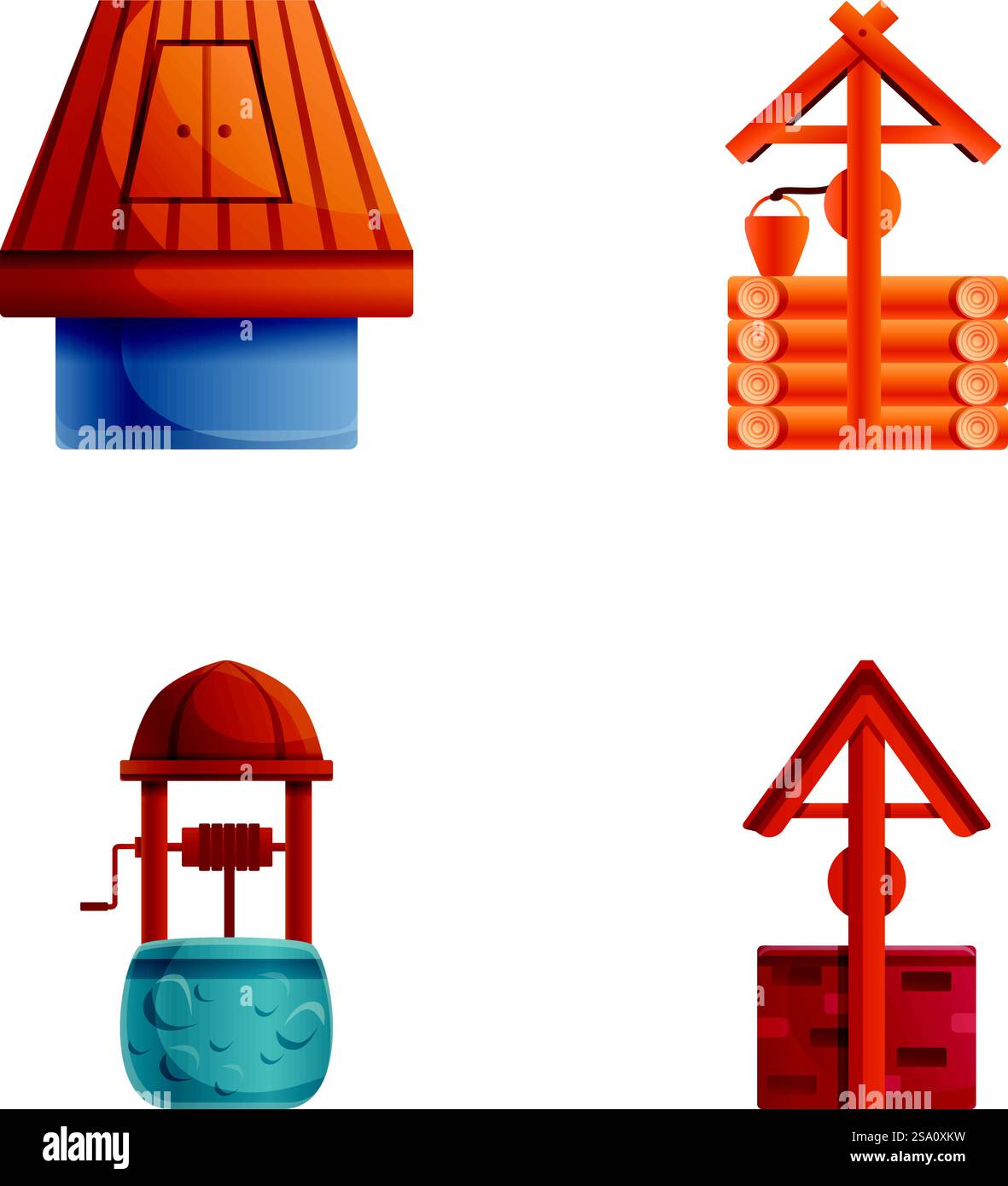 Well icons set cartoon vector. Wooden and stone well with roof and ...