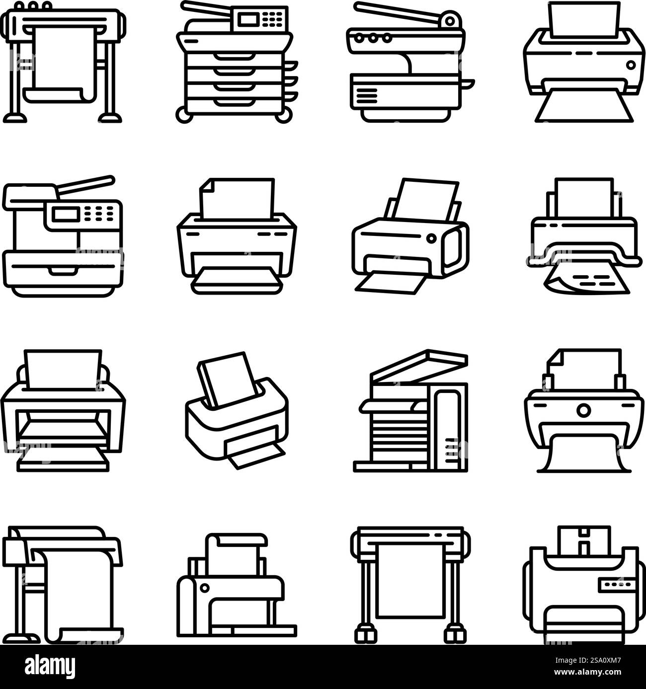 Printer icons set. Outline set of printer vector icons for web design ...