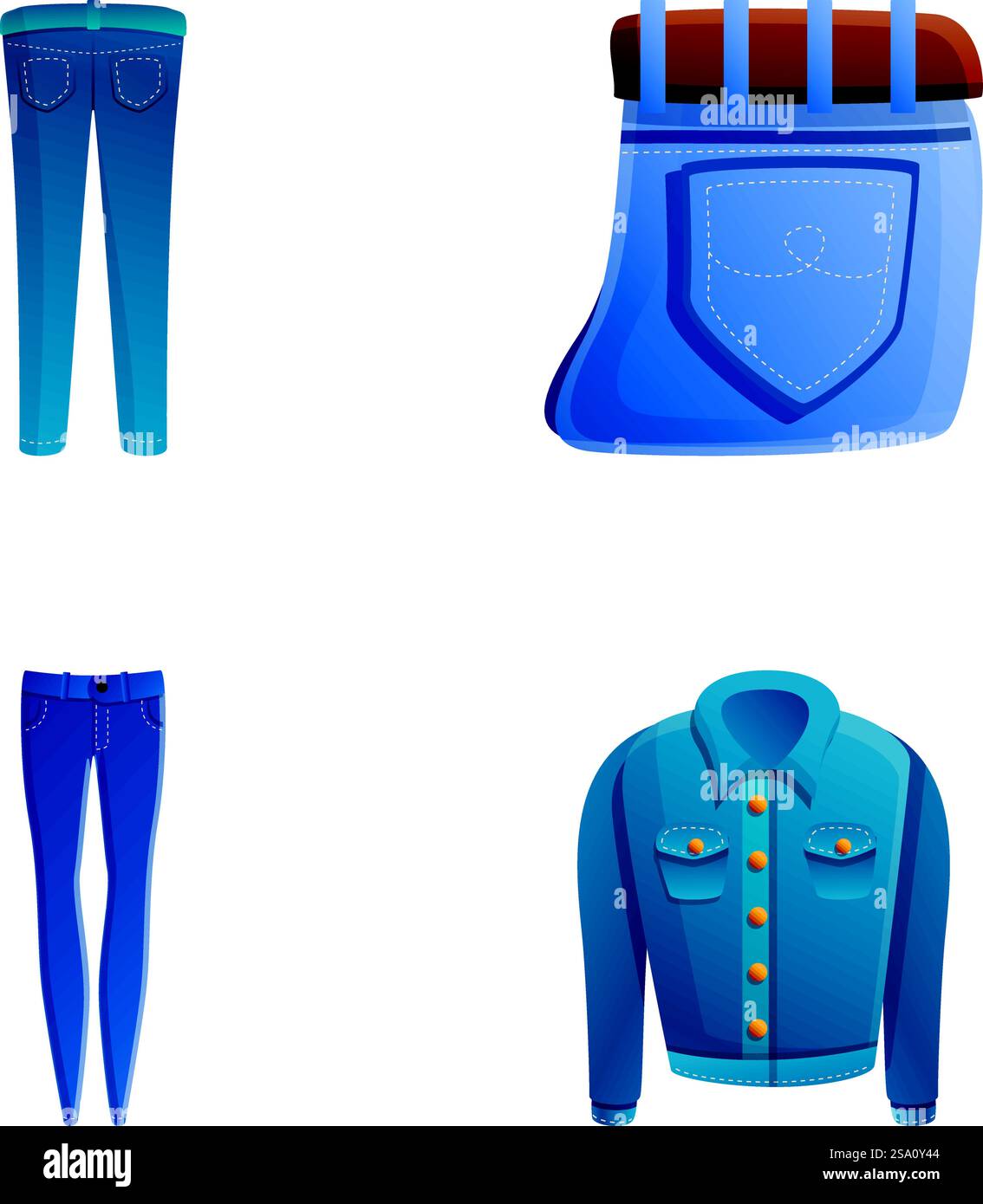 Denim clothes icons set cartoon vector. Basic wardrobe element. Casual ...