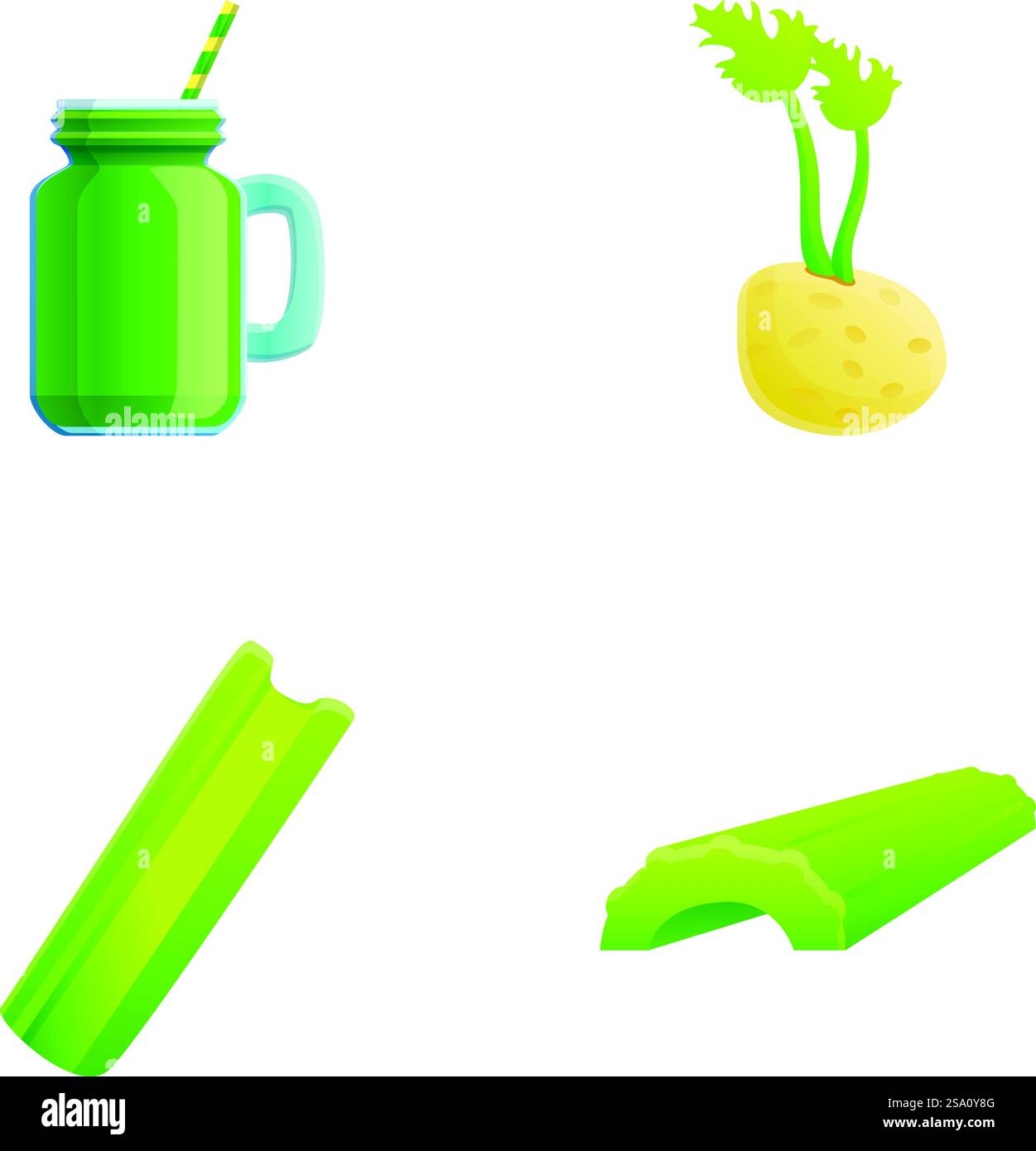 Celery drink icons set cartoon vector. Sliced stem round root and green ...