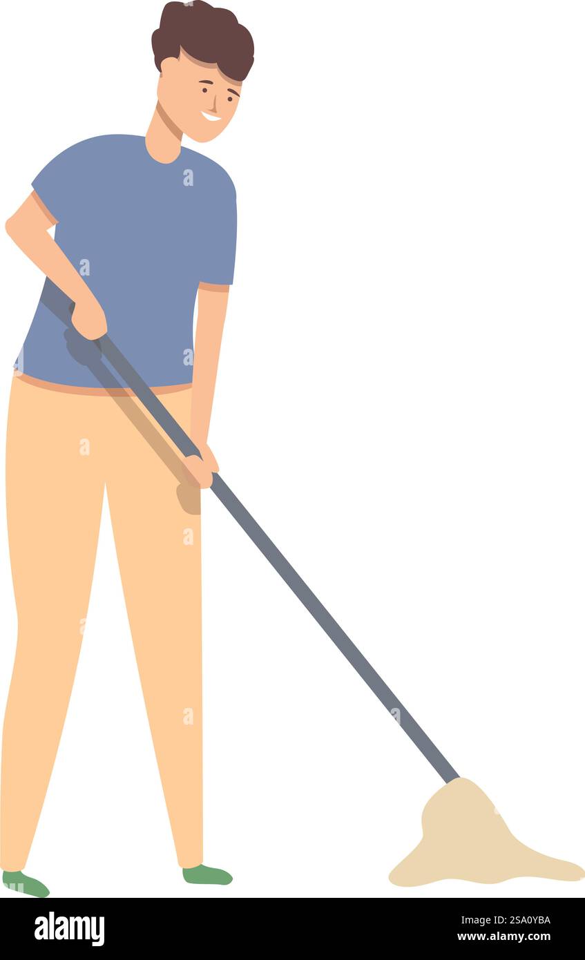 Man cleaning the floor with mop icon cartoon vector. Household hygiene ...