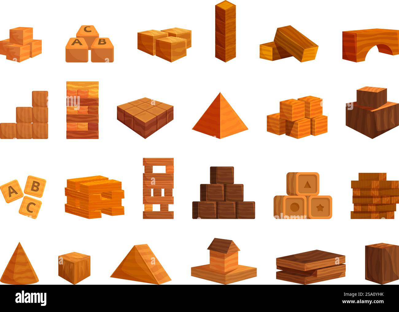 Wood cube block icons set cartoon vector. Game education toy. Arch ...