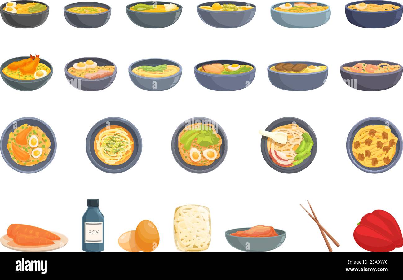 Udon noodles icons set cartoon vector. Meal food. Cooking ramen soup ...