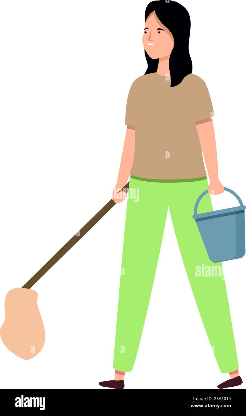 Woman with mop and bucket icon cartoon vector. Floor cleaning tools ...