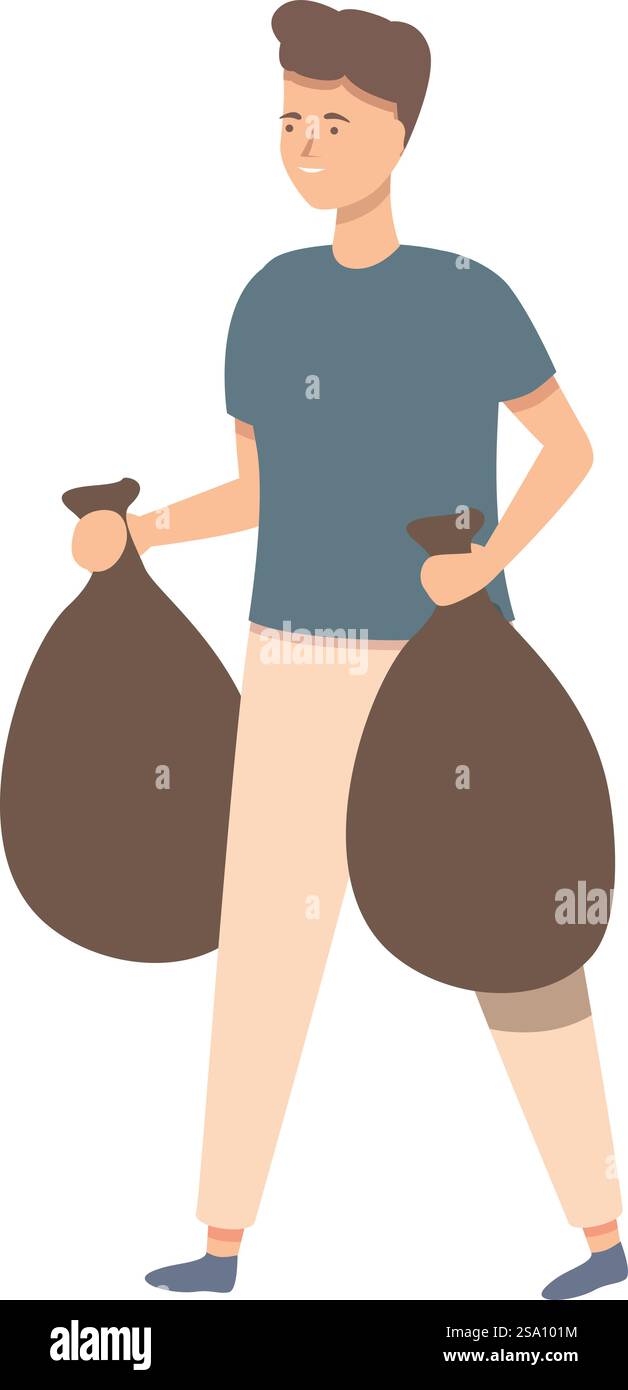 Man carrying trash bags icon cartoon vector. Cleaning house routine ...