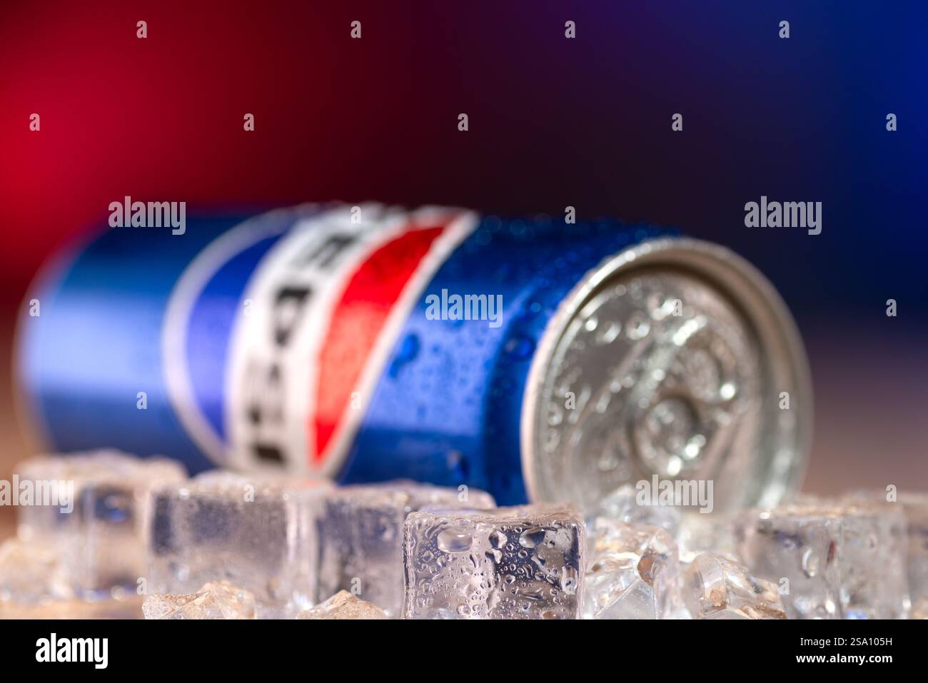 Close-up of a can of coca cola. Pepsi advertisement. Iron can of cola ...