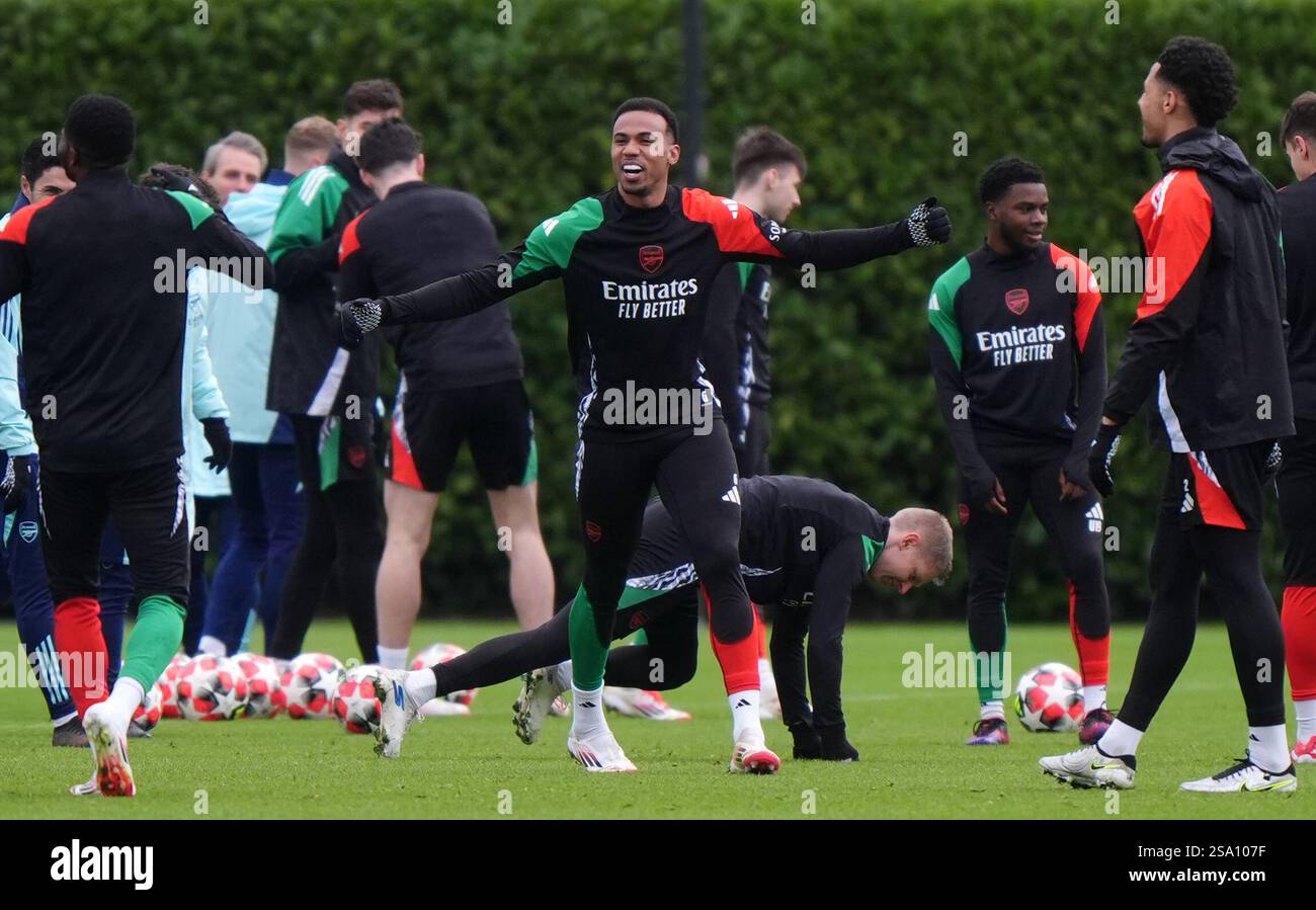 Arsenal's Gabriel (centre) during a training session at the Sobha ...