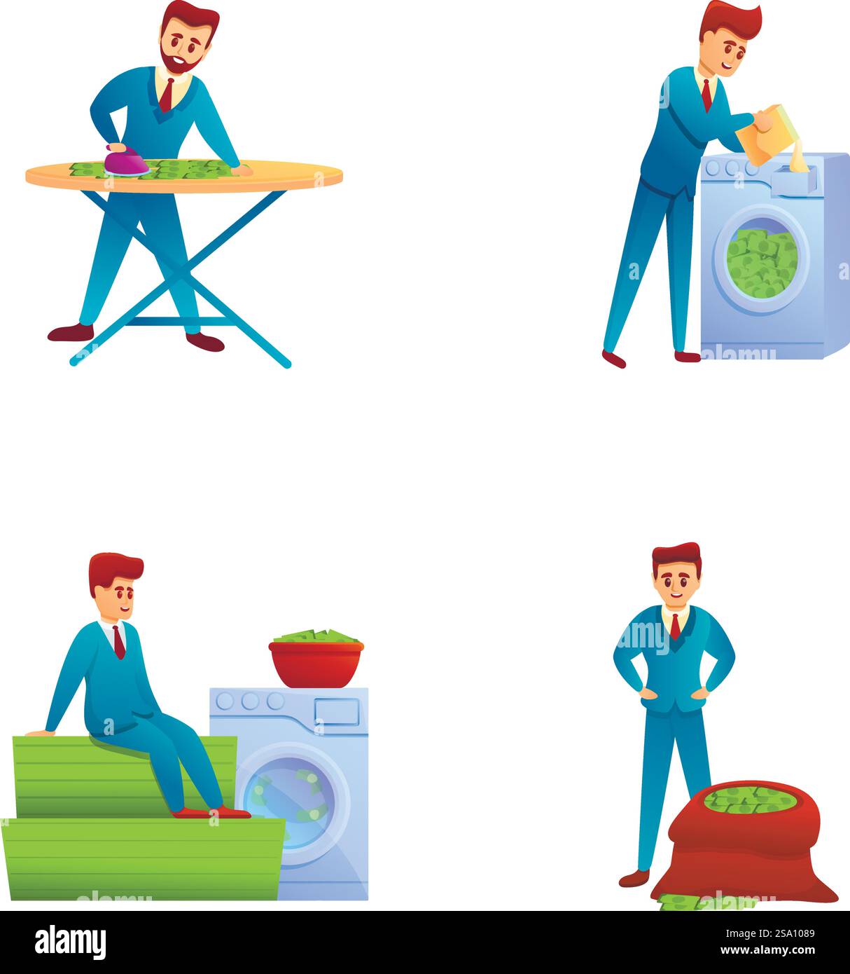 Laundering money icons set cartoon vector. Businessman washing and ...