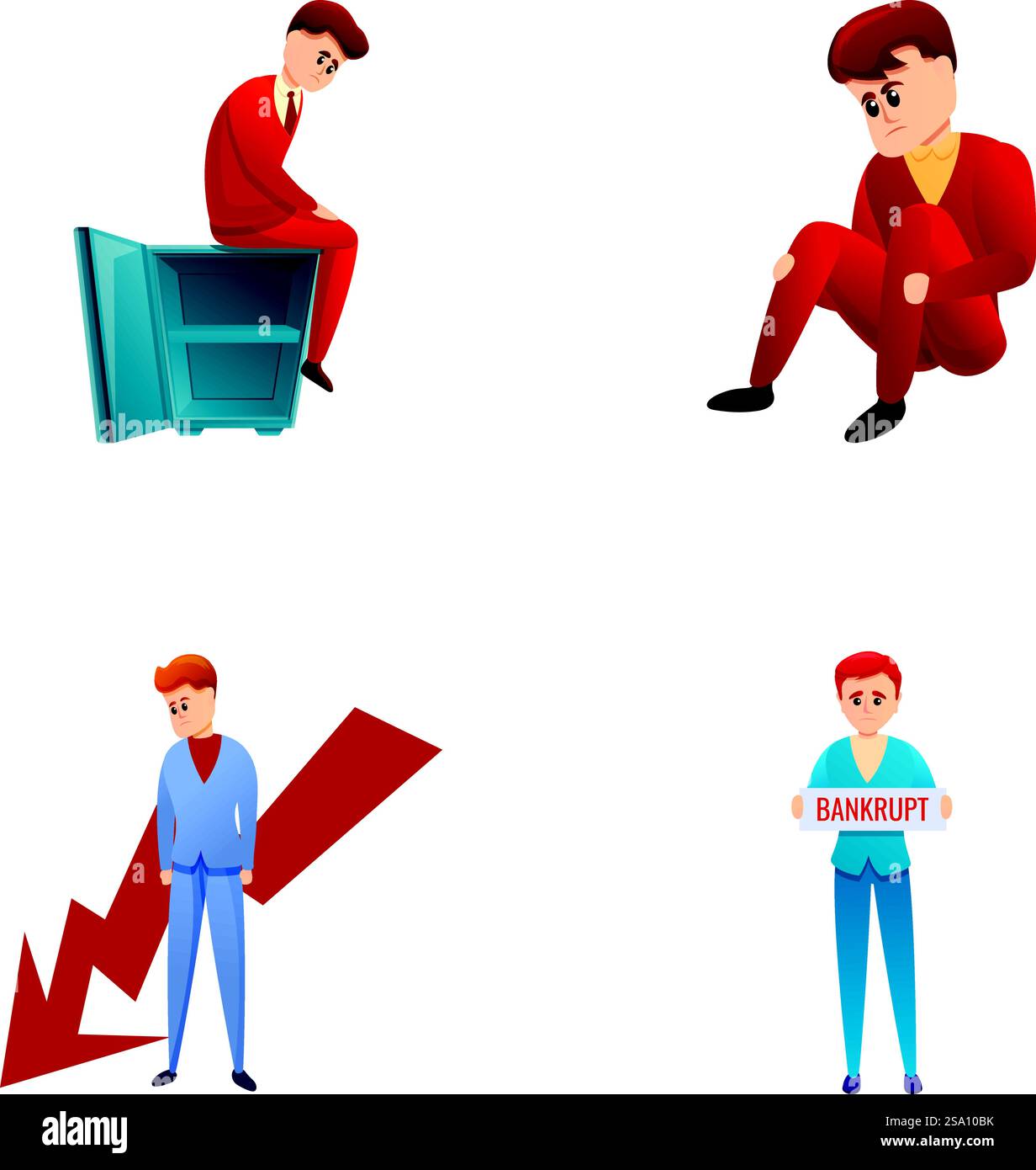 Bankrupt man icons set cartoon vector. Upset businessman without money ...