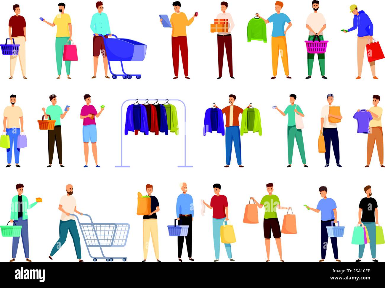 Male buyer icons set cartoon vector. Store clothing sale. Shop mall ...