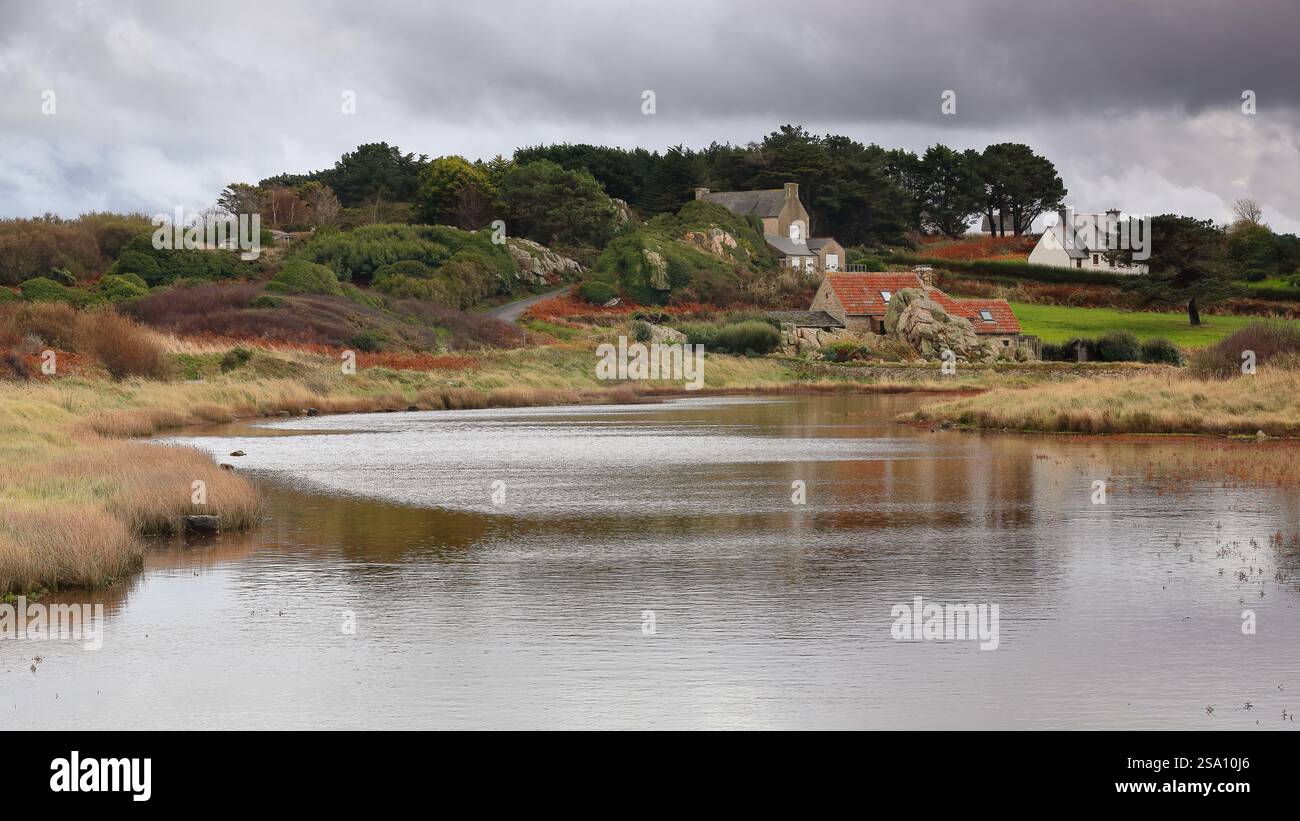 Plougrescant, France-October 21, 2020: Sparse rural housing on a low ...