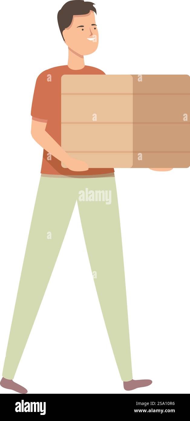Man carrying stuff box icon cartoon vector. Carton pack with house ...